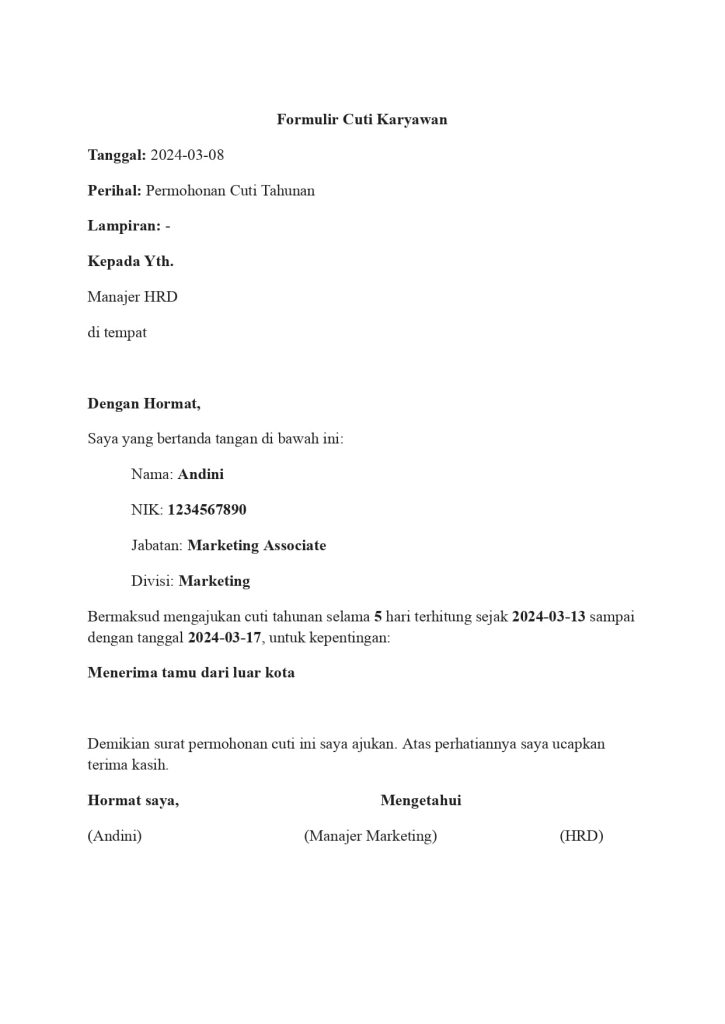 Form Cuti Karyawan: Manfaat, Contoh, dan Unduh Template Gratis