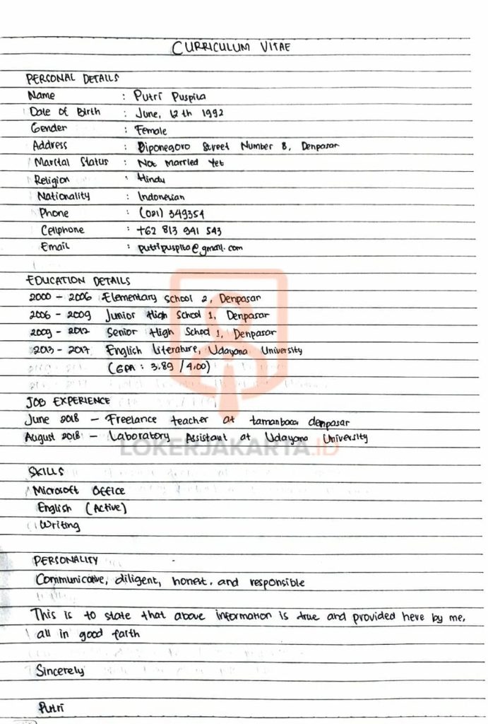 10 Contoh CV Tulis Tangan dan Cara Membuatnya