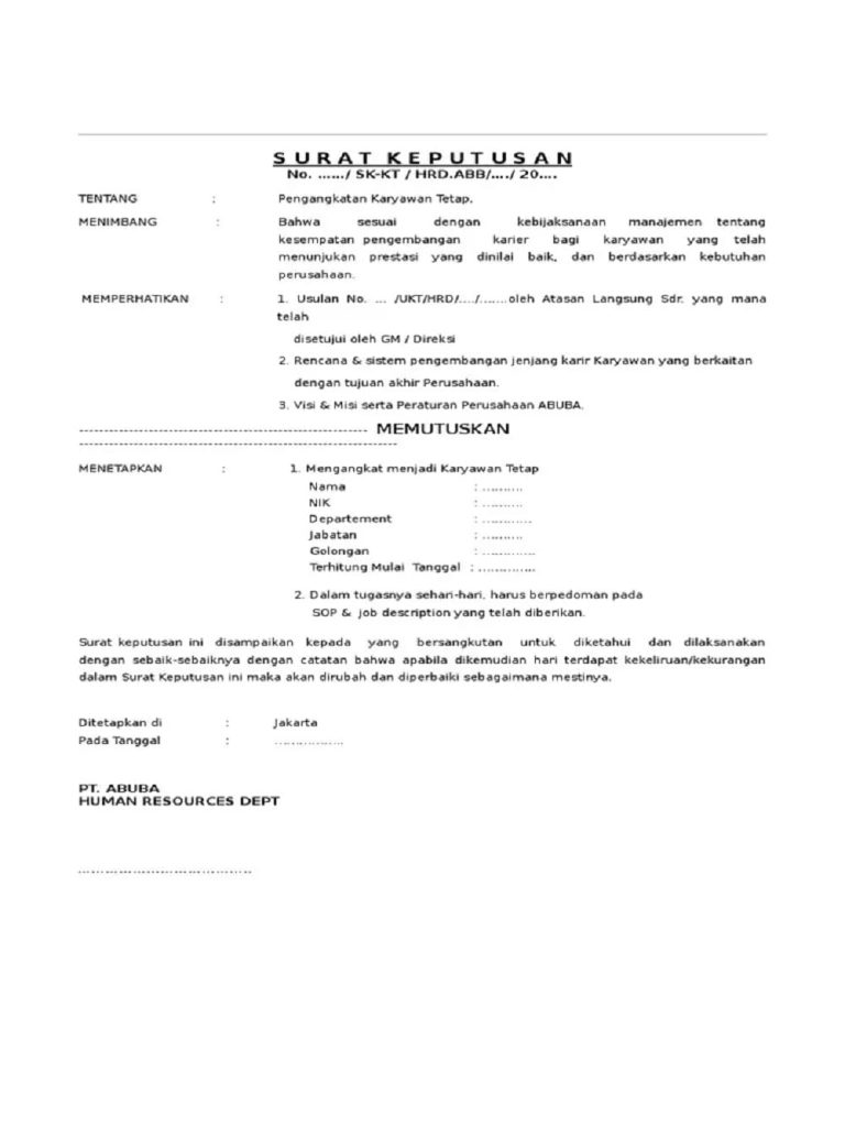 10 Contoh SK Karyawan Tetap dan Template Gratisnya