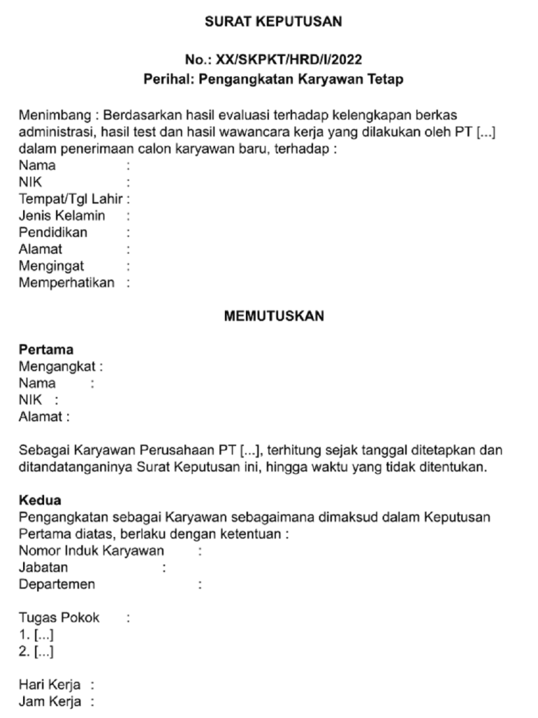 10 Contoh SK Karyawan Tetap dan Template Gratisnya