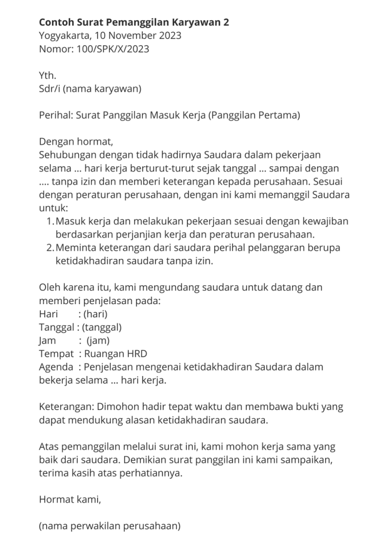 Surat Panggilan Karyawan Mangkir Kerja: Contoh dan Templatenya