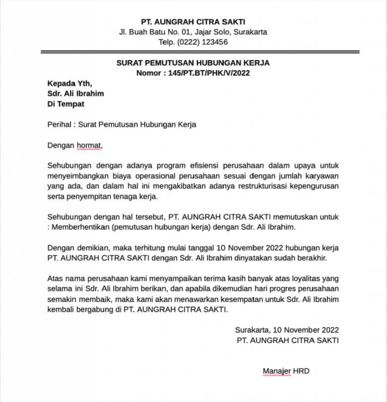 7 Contoh Surat PHK Karyawan dan Templatenya